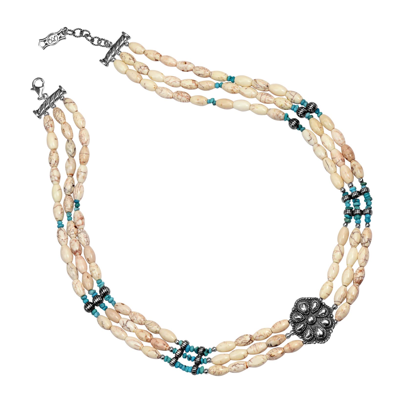 American West Sterling Silver Women's Strand Necklace Blue Turquoise & Crème Magnesite Gemstone Beaded 15 to 18 Inch