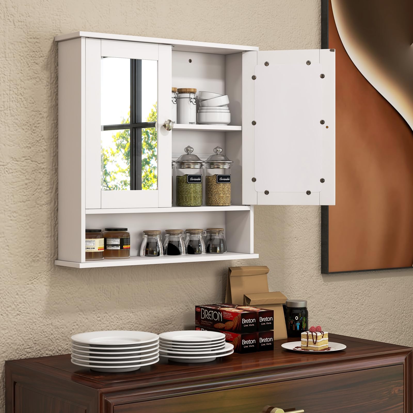 Byroce Bathroom Medicine Cabinet, Bathroom Wall Cabinet with 2 Mirror Doors & Adjustable Shelf, Over Toilet Storage, Wood Wall Mounted Storage Cabinet for Laundry Room, Living Room, Kitchen (White)