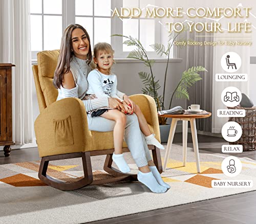 KINFFICT Comfy Rocking Chair, Upholstered Accent Glider Rocker for Baby Nursery or Relaxation, Living Room Armchair with High Back and Headrest, Modern Rocking Glider with Side Pocket, Yellow