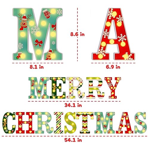Christmas Decorations - 14 LED Letters Christmas Lights 'MERRY CHRISTMAS' for Christmas Decorations Indoor Home Decor, Surface UV Printing Snowflakes, Christmas Trees, Elk, etc, Warm White