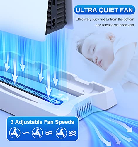 PS5 Stand with Cooling Station PS5 Controller Charging Station for Playstation 5 PS5 Console Disc/Digital Edition, PS5 Accessories-Cooler Fan/Remote Charger/Media&Headset Holder/3-USB Hub/Screw White
