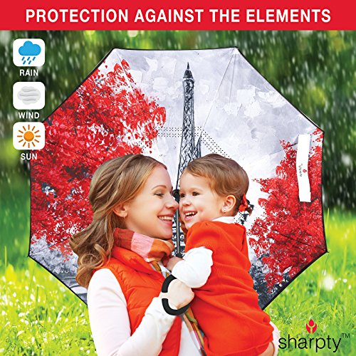 Sharpty Inverted Umbrella for Women - Windproof & Reverse - Easy to Open and Close - Upside Down & C-Shaped Handle - Rain & Wind Resistant - For Travel - Eiffel Tower