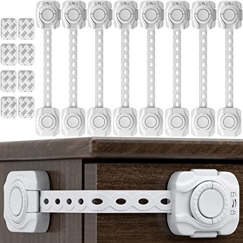 JOINPRO 8 Pack Safety Child Locks for Cabinets & Drawers, Fridge, Toilet, Latches, Baby Proofing Strap Locks with 8 Extra 3M Adhesives; Triple Lock Protection (Easy Installation, No Drilling Required)