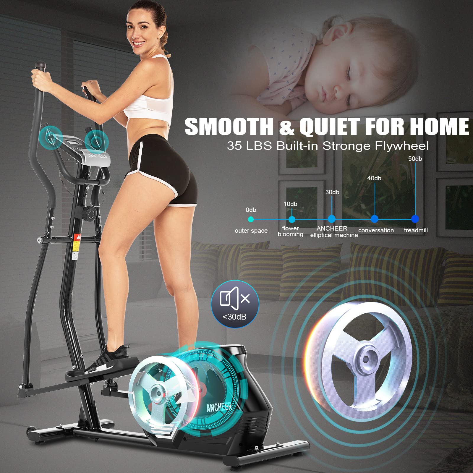 ANCHEER Elliptical Machine, Quiet & Smooth Driven Magnetic Elliptical Cross Trainer Machine with 10 Levels Resistance and 35lb Flywheel, Best Elliptical Exercise Machine for Home Gym Workout TR07