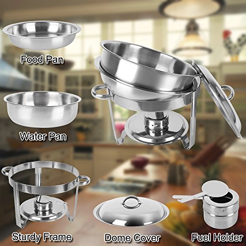 ROSVUN Upgraded Stainless Steel Chafing Dish Buffet Silver Round Catering Warmer Set with Food and Water Trays, Mirror Cover, Thick Stand Frame for Kitchen Party Banquet (2 Round+ 2 Rectangular)
