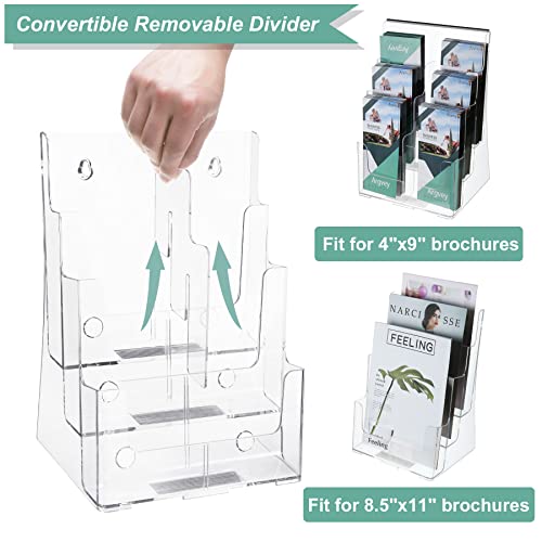 Acrylic Brochure Holder 8.5 x 11 inches, 3 Tier Clear Literature Holder with Removable Divider for Trifold 4 Inches Wide Pamphlet, Plastic Flyer Display Stand for Magazine, Document, Booklet