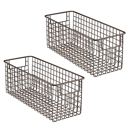 mDesign Slim Metal Wire Food Storage Organizer Basket with Handles - Organization in Kitchen Cabinets, Pantry Shelf, Bathroom, Laundry Room, Closets, Garage, Concerto Collection, 2 Pack, Bronze