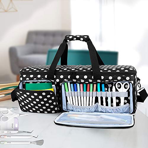 CURMIO Carrying Case Compatible with Cricut Explore Air 2, Cricut Maker, Silhouette Cameo 4 and Cameo 3, Travel Storage Bag with Pockets for Craft Tools and Accessories, Black Dots