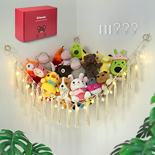 Orkeedu Stuffed Animal Net or Hammock with LED Lights, Large Toy Storage Hooks, Macrame, Cotton Beige