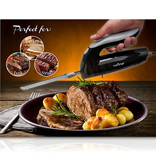 Upgraded Premium NutriChef Electric Knife - 8.9" Carving Knife, Serrated Blades, Lightweight, Ergonomic Design Easy Grip, Easy Blade Removal, Great For Thanksgiving, Meat & Cheese, Black