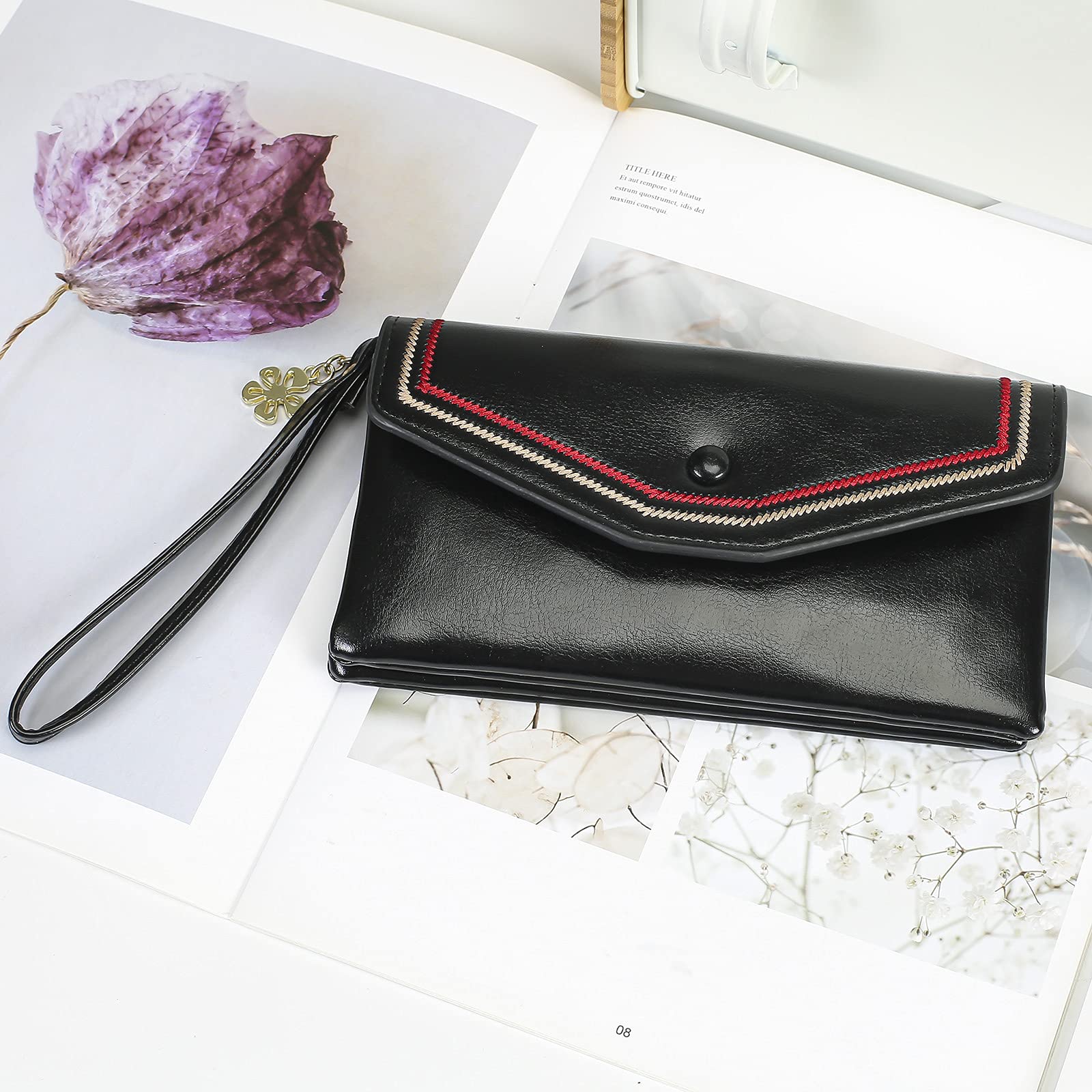 ENYISDAN Detachable Wristlet Wallets for Women 2-in-1 Long Purse Clutch Embroidery Leather Zip Black