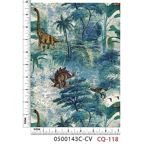 Dinosaur in The Forest Design 100% Cotton Quilting Fabric by The Yard (Blue, Verdant, Brown, Camel)