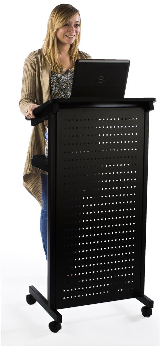 Displays2go Mobile Podium, 46.5 x 23 Inches, Locking Wheels, Shelf Included, Black Steel, MDF Wood (LCTMOBMETB)