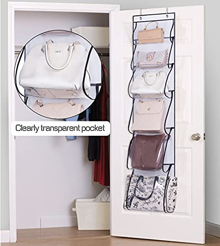 MISSLO 6 Clear Pockets Over Door Organizer for Handbags, Caps, Accessories (White)