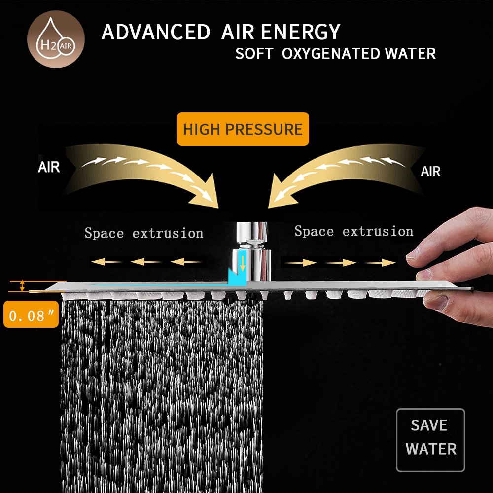 BESy 12 Inch Rain Shower Head, 12" Square Rainfall & High Pressure Stainless Steel Bath Showerhead, 20 Inches Straight Extended Shower Arm With Flange, Rain Shower Head Extension Arm Brushed NIckel