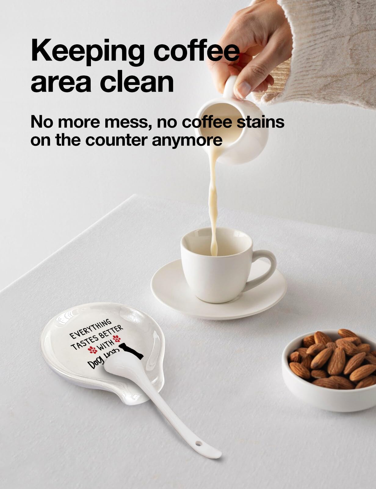 WHING Funny White Ceramic Coffee Tea Spoon Rest, Everything Tastes Better With Dog Hair in it - Coffee Station Decor Coffee Holder Accessories Gift for Coffee Lovers Friends