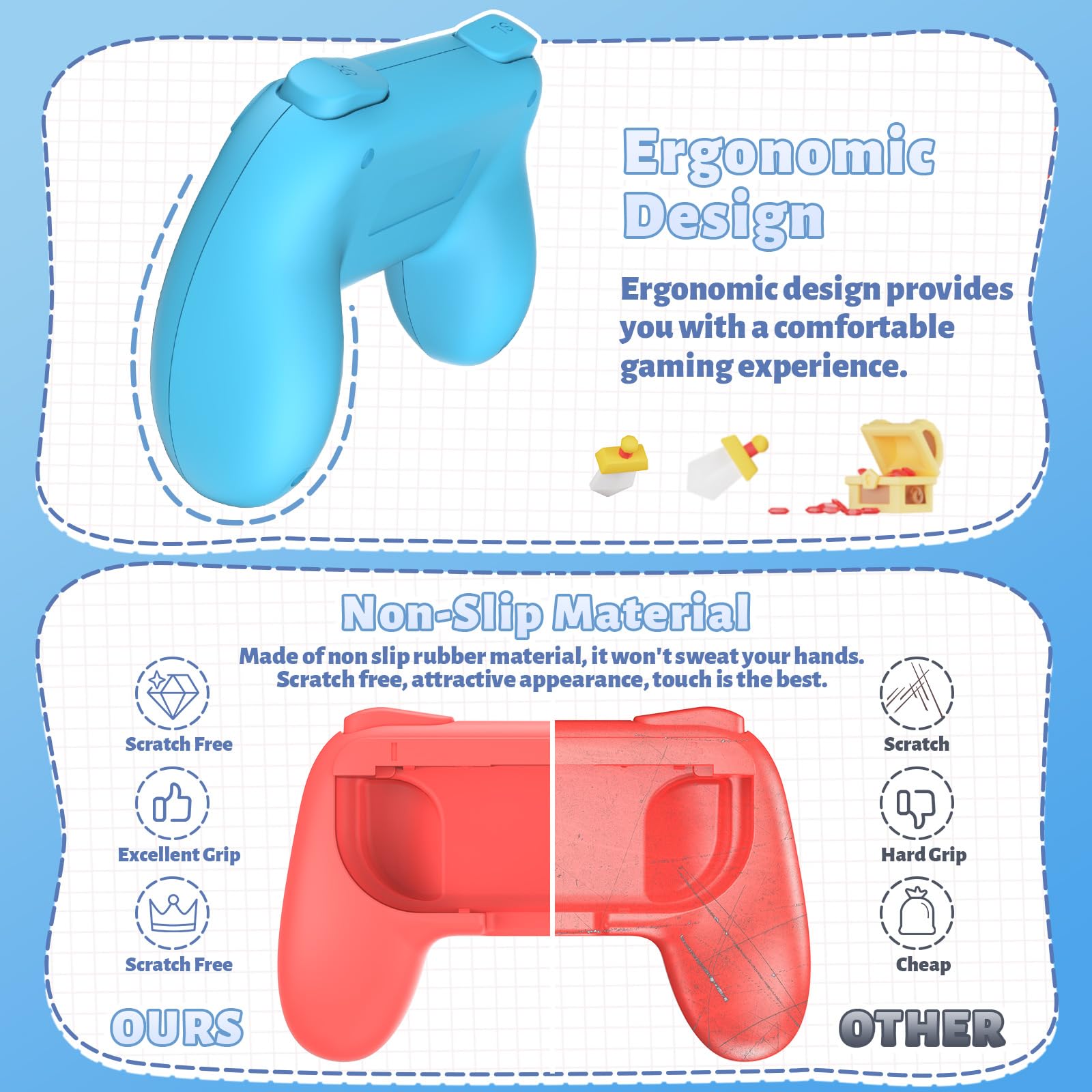 FastSnail Grips Compatible with Nintendo Switch Joy-Con, Wear-Resistant Handle Kit Compatible with Switch Joy Cons Controllers, 2 Pack (Blue and Red)