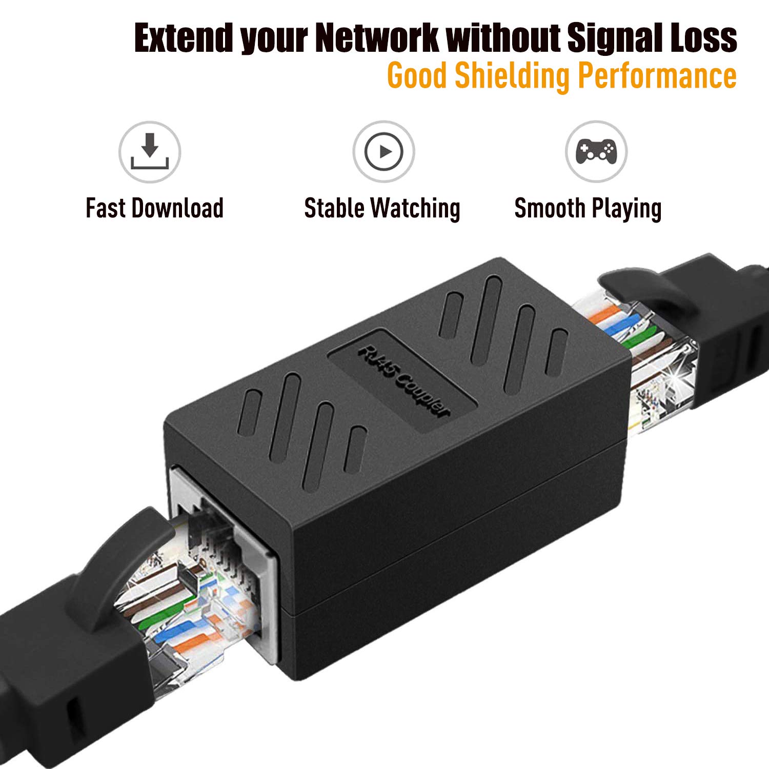 RJ45 Coupler, PLUSPOE 2 Pack Ethernet Cable Extender Inline LAN Connector Plugs for Cat5 Cat5e Cat6e Cat7 Cable, Female to Female (Black)