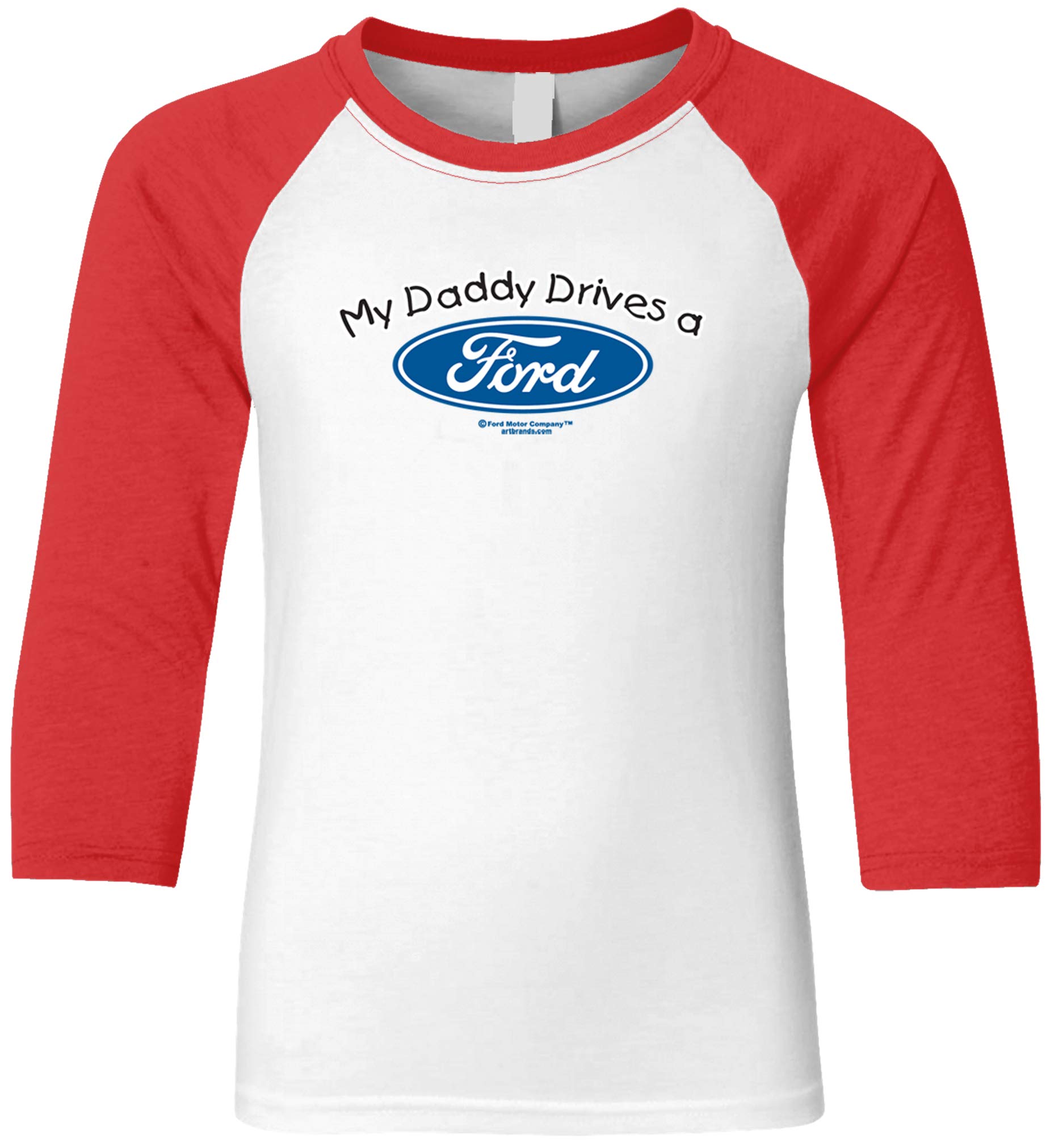 Amdesco My Daddy Drives a Ford Officially Licensed Youth Raglan Shirt, Red/White Medium