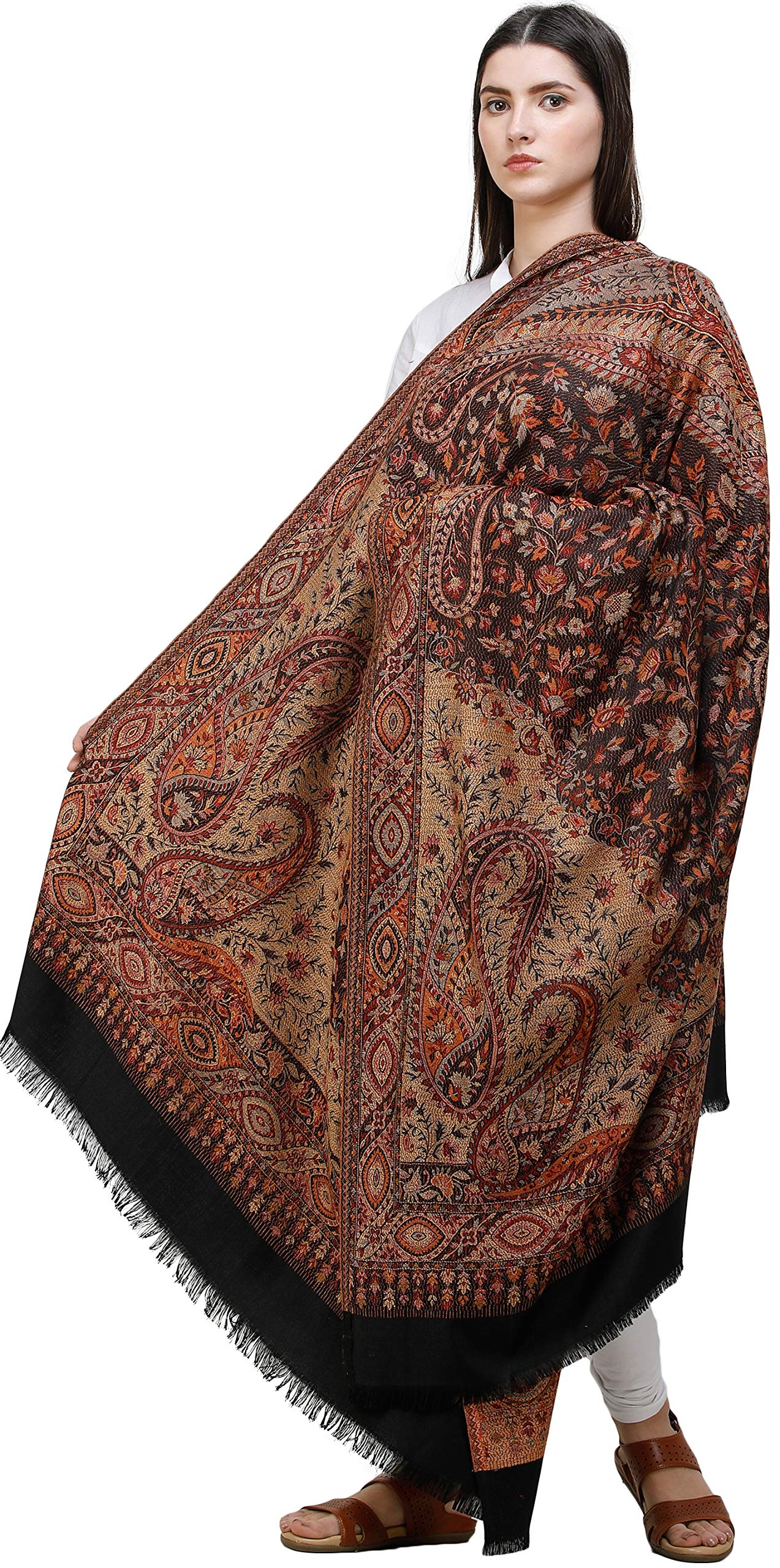 Exotic India Reversible Jamawar Shawl with Woven Paisleys - Color Caviar Black