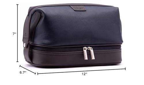 Vetell Leo Large Leather Men's Travel Toiletry and Shaving Case Bag with Upper and Lower Zippered Compartments, 3 Interior Loops and Carrying Handles