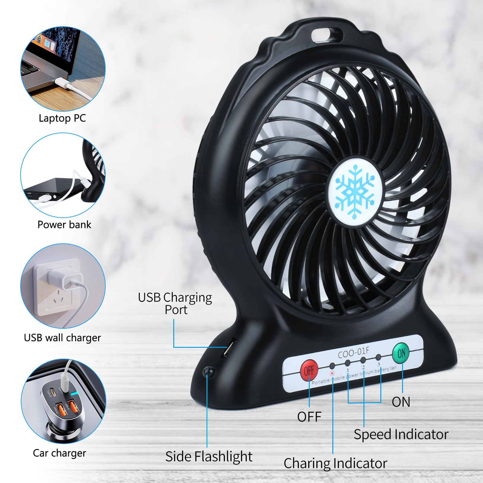 GGH Portable Fan Rechargeable,Personal Desk Fan,Small Battery Operated USB Fan with Flashlight,3 Speeds Wind Quiet Mini Desktop Fan for Travel,Camping,Bedroom,Office