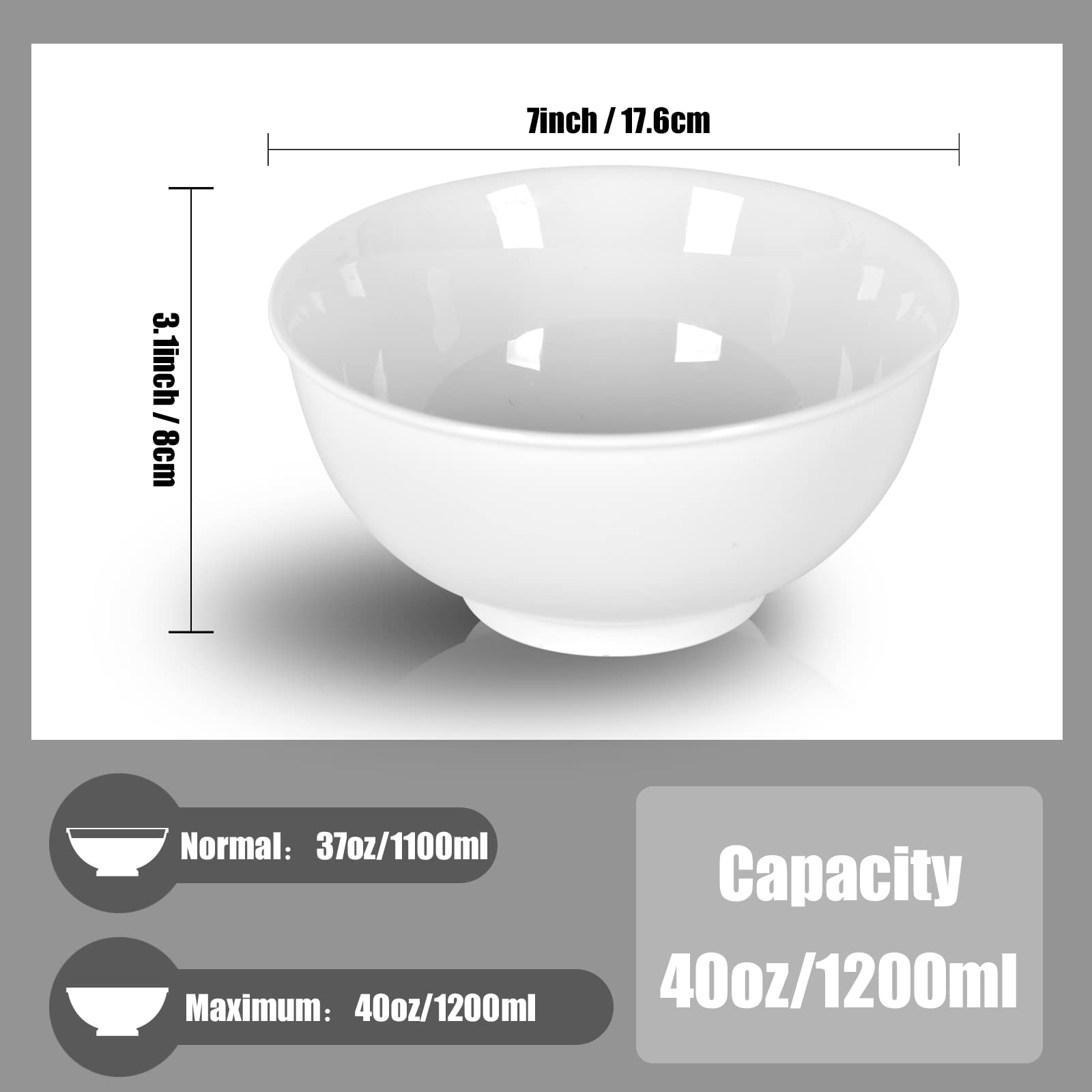 ALLUSEIT Cereal Bowls 40oz, Bone Porcelain Soup Bowl Set of 4, Large Ceramic Bowl for Kitchen, Versatile Serving for Salad Oatmeal Rice etc. Dishwasher & Microwave Safe, White Φ7inch