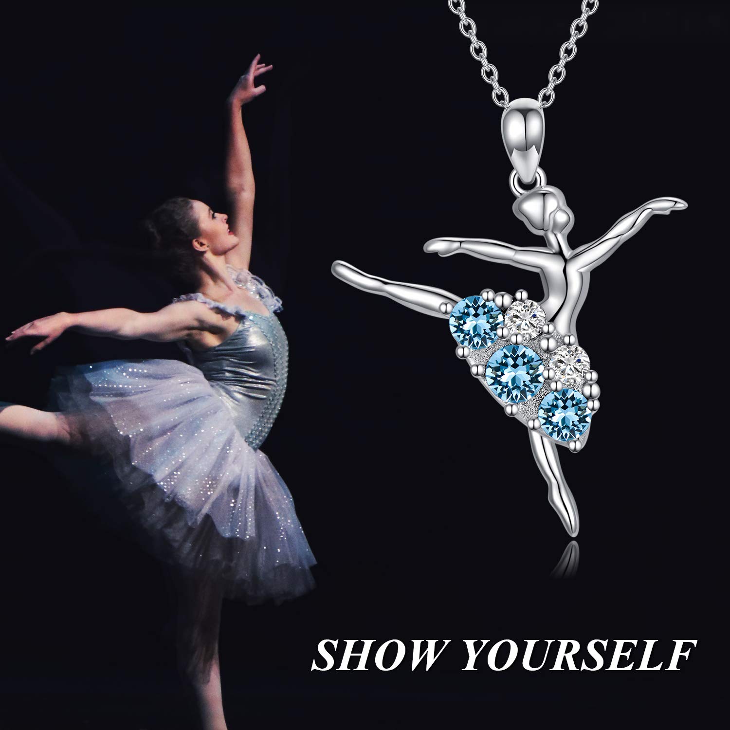 AOBOCO Ballerina Necklace Sterling Silver Ballet Dancer Pendant Jewelry with Simulated Aquamarine Crystals