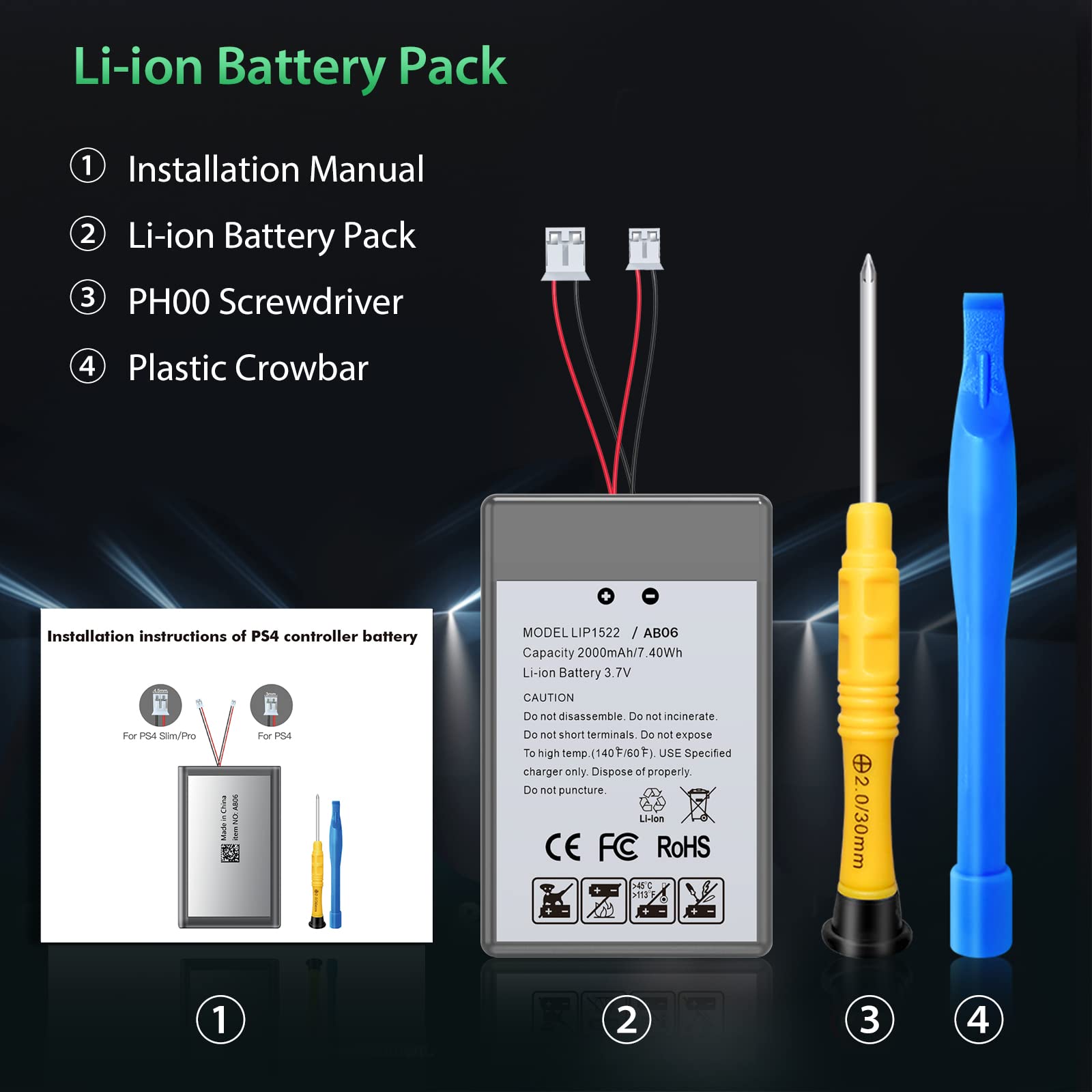 Antank Battery Pack 2000mAh Compatible with PS4 & PS4 Slim/Pro Controller Dual Shock 4 [CUH-ZCT1]/ Dual Shock 4 V2 [CUH-ZCT2] Battery Replacement DIY Repair Kit with PH00 Screwdriver