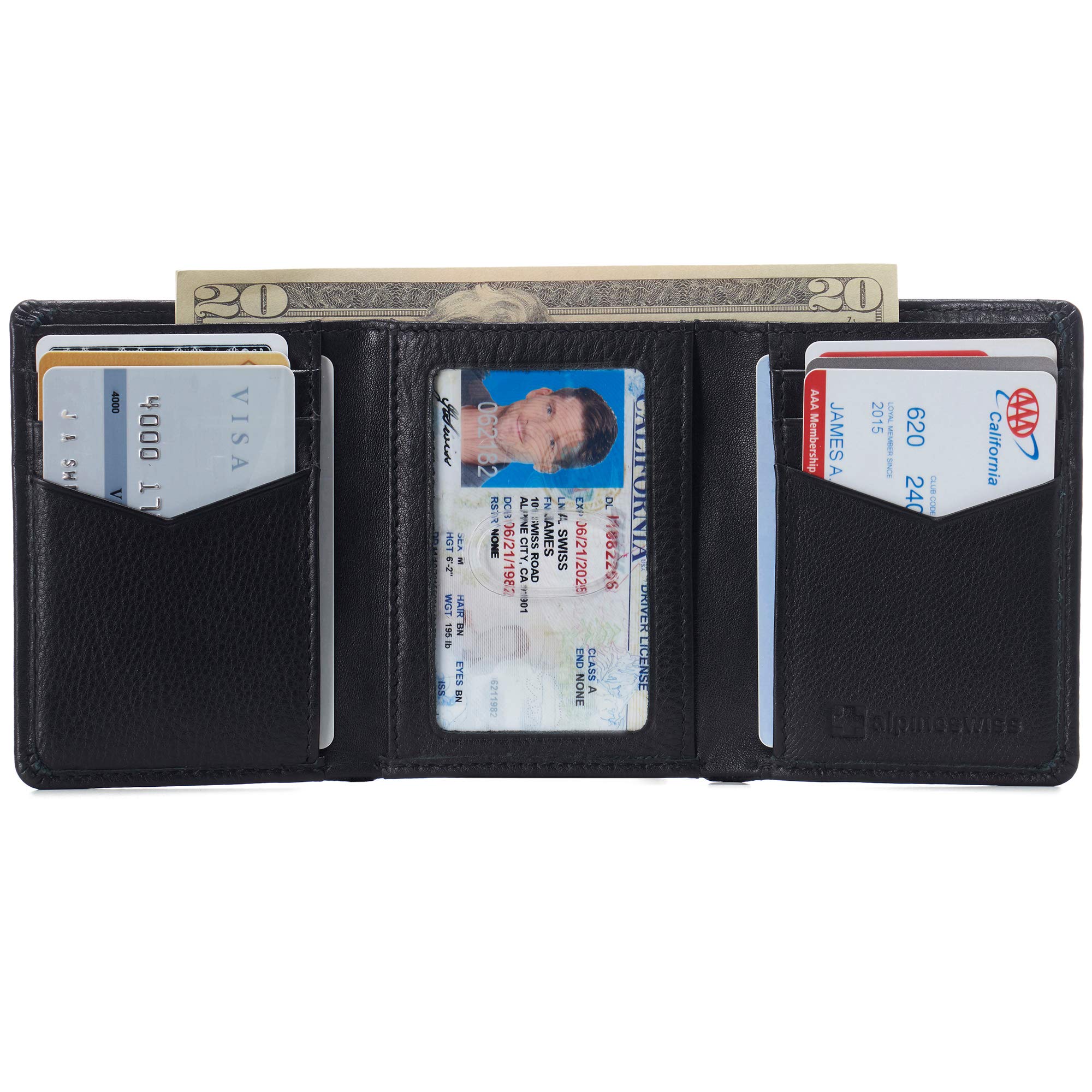 Alpine Swiss Mens Leon Trifold Wallet RFID Safe Genuine Leather Comes in a Gift Box Black