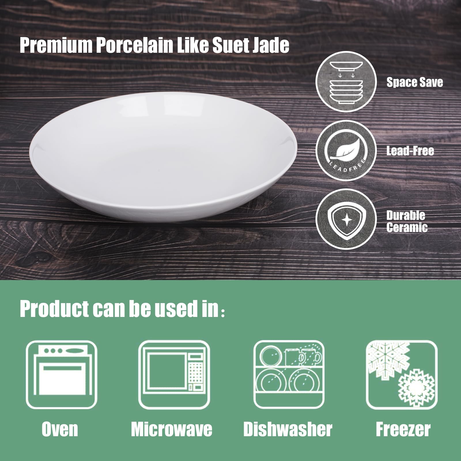 ALLUSEIT Pasta Bowls, 6pcs/28oz Bone Porcelain Bowls Set for Soup and Salad, White Ceramic Serving Bowls and Plate for Kitchen, Wide & Shallow, Microwave & Dishwasher Safe, Φ8inch