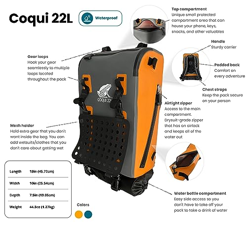 AMPHIPAK Waterproof Backpack: 22L Heavy Duty Zipper Closure with Easy Access Compartments and Cushioned Padded Back Panel (Orange)