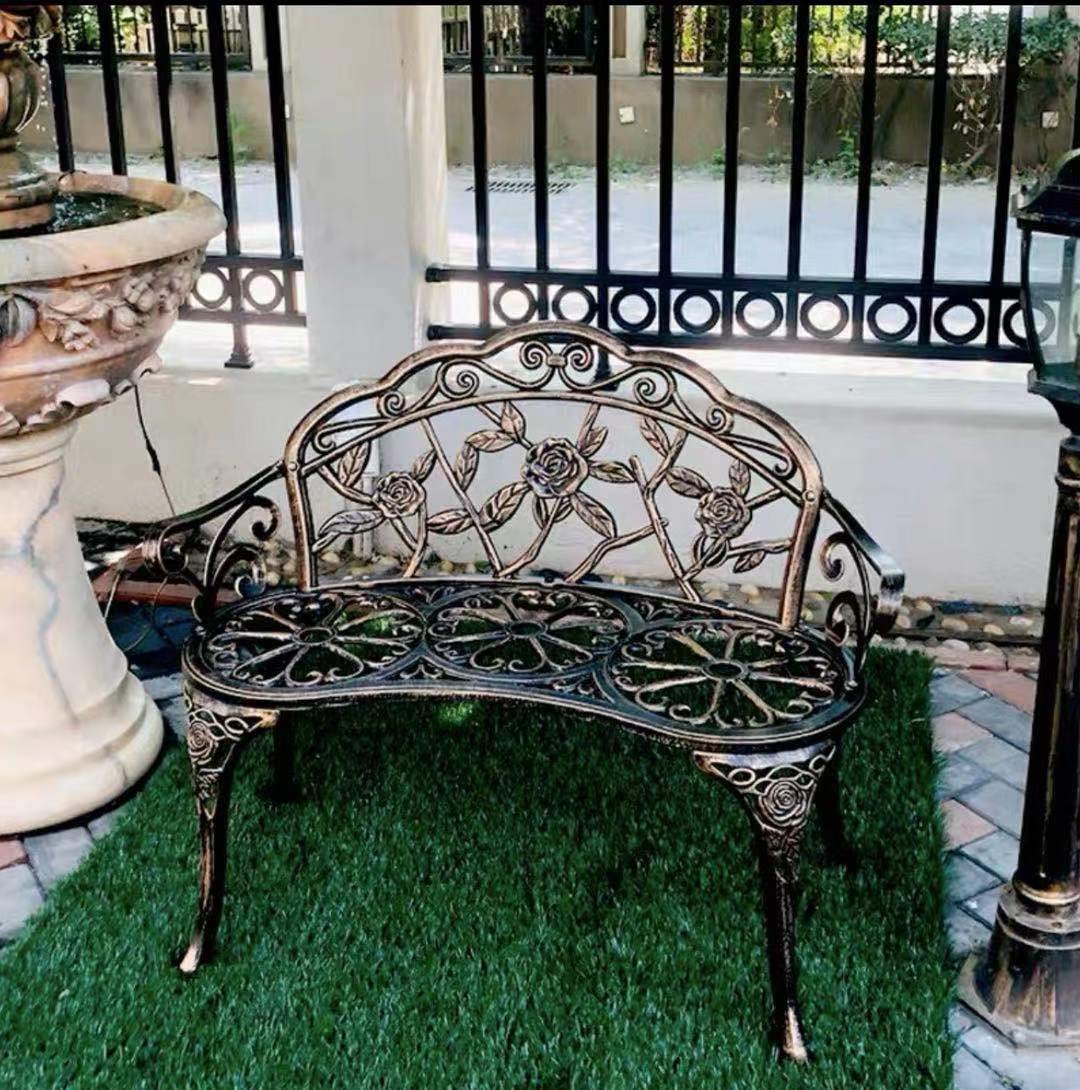 C/G Patio Balcony Bench Double Seat, Anti-Rust Cast Aluminum Patio Garden Bench for Park Yard Outdoor Furniture Copper