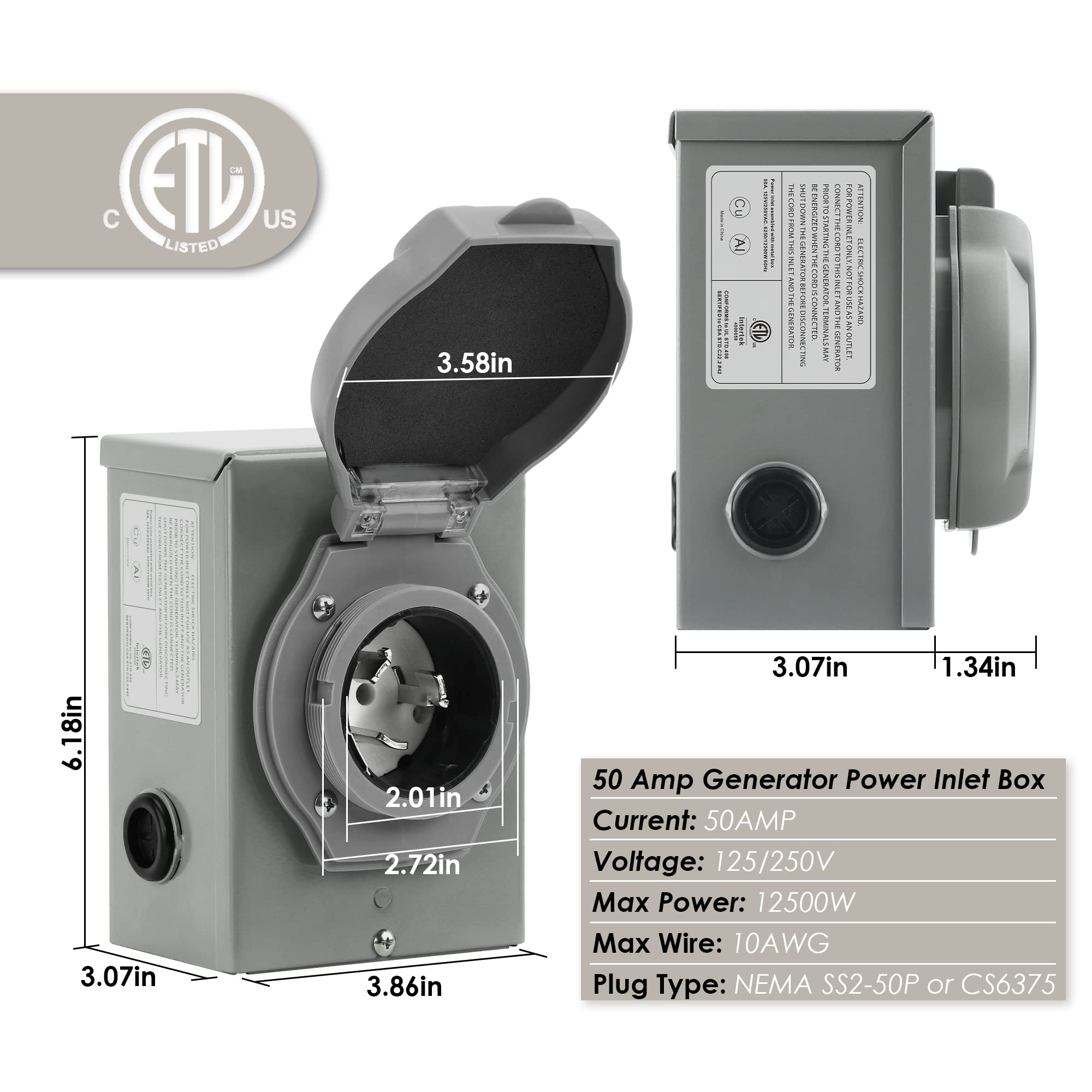 ARCFONY 50 Amp Generator Inlet Box-NEMA 3R Power Inlet Box,125/250 Volt,12500 Watts