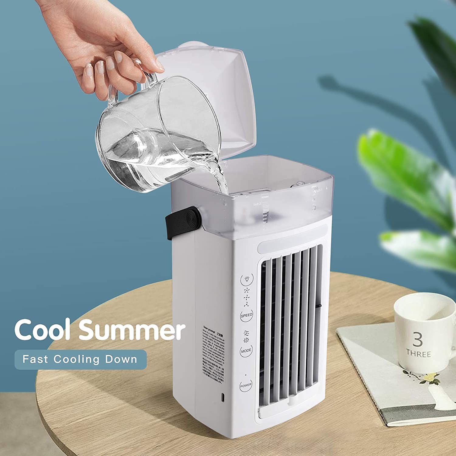 Personal Air Conditioner Fan, Small Air Conditioner Fan, Portable Air Cooler Mini Air Conditioner Fan with 3 Wind Speed, Evaporative Air Humidifier, Desktop Cooling Fan with LED Light for Office, Home