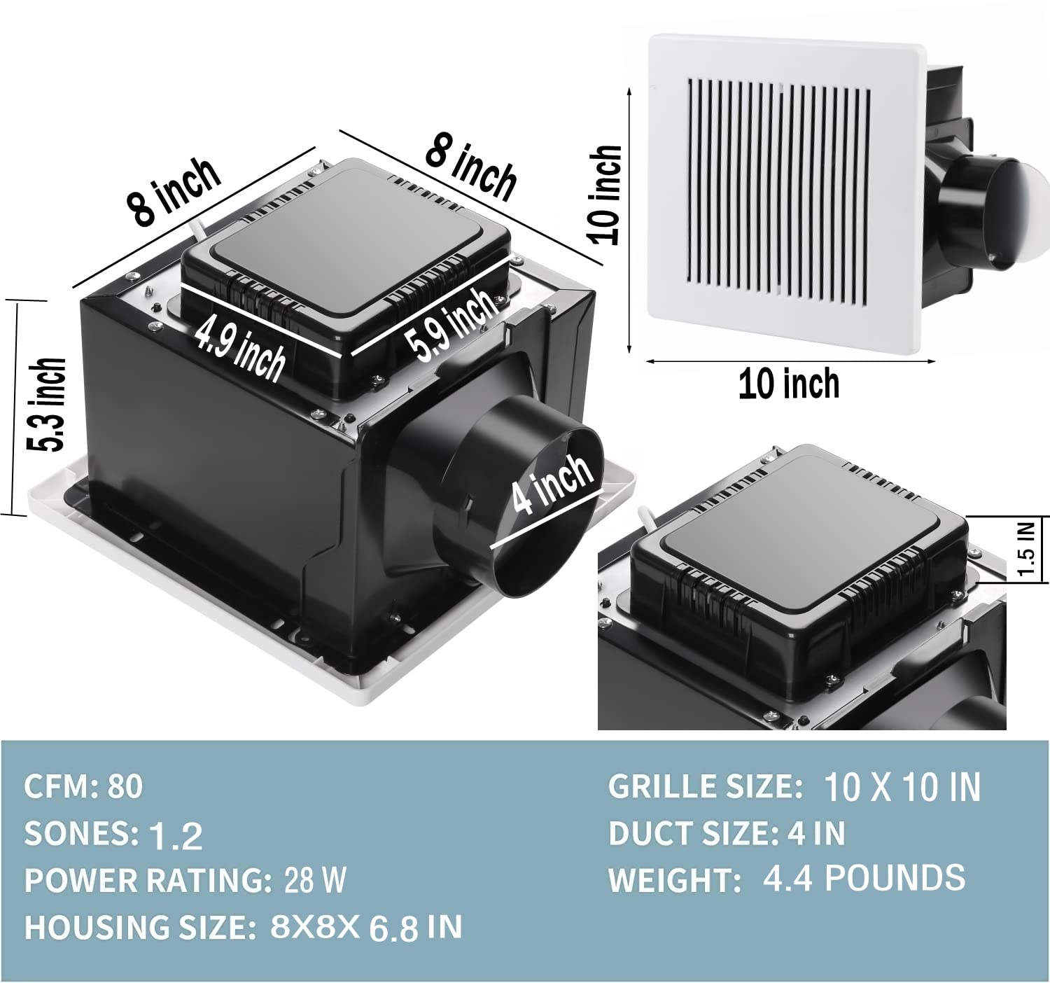 Nalle Exhaust Fan Square Bathroom Ceiling Ventilation Fan 110V Through Wall Exhaust Smoke Fan for Kitchen,laundry room,Toilets, Garage, Shopping Mall and Office 80 CFM 1.2 Sones