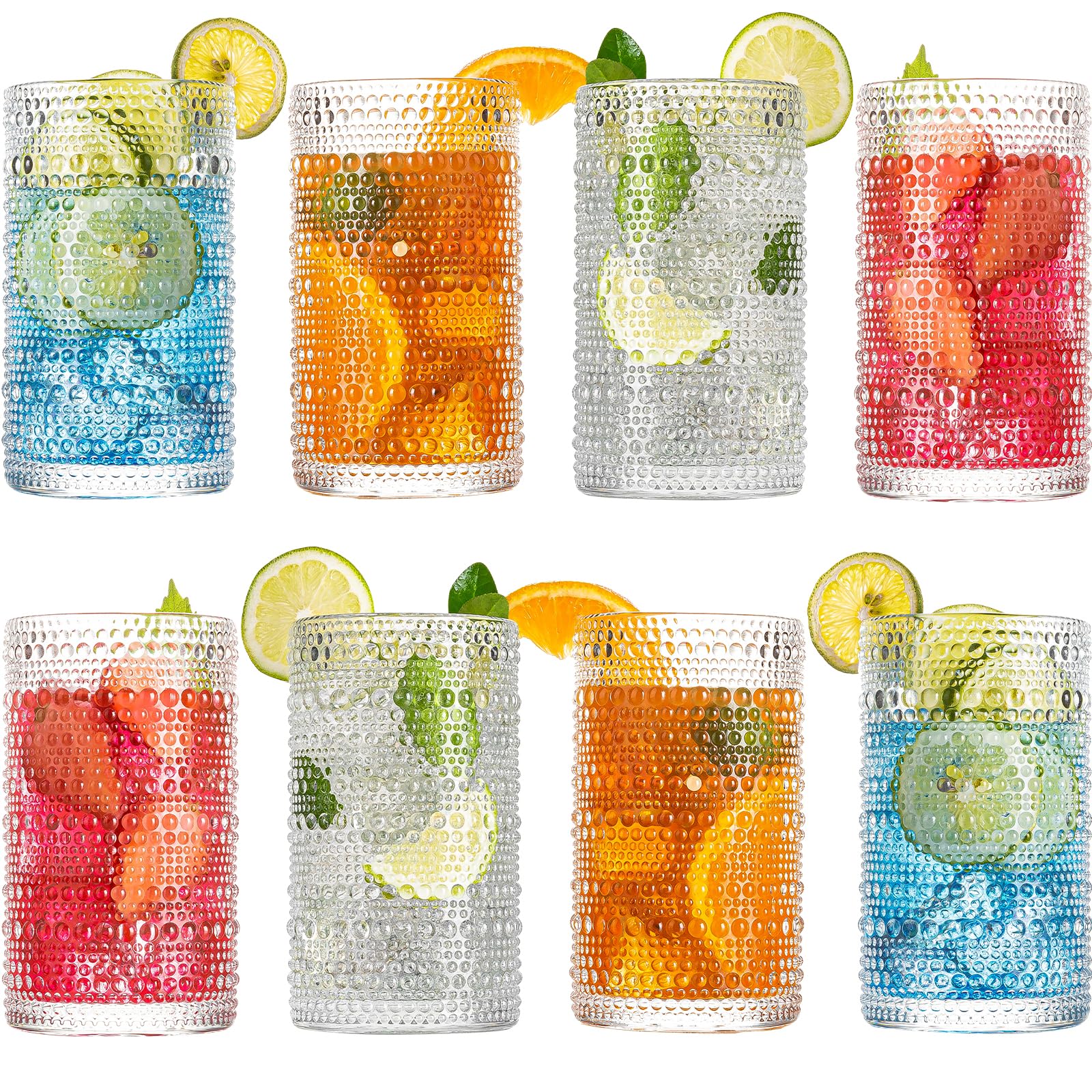 wookgreat Drinking Glasses, 8 pcs Embossed Designed Glass Cups, 15oz Highball Glasses, Tall Water Glass Tumbler, Mojito Cups, Cocktail Glass, Vintage Glassware Set for Water, Juice, Cocktail, Whiskey