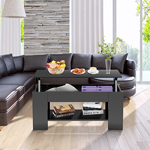 ZENY Lift Top Coffee Table with Hidden Compartment and Storage Shelves, Rising Tabletop Dining Table Modern Furniture for Home, Living Room, Reception Room Office, 38.6in L (Black)
