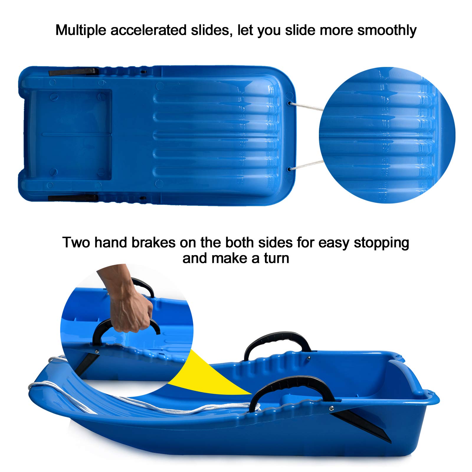 AGPTEK 31 Inch Winter Outdoor Toboggan Snow Sled Downhill Snow Board for Boys Girls, with Brakes & Pulling Rope,Blue