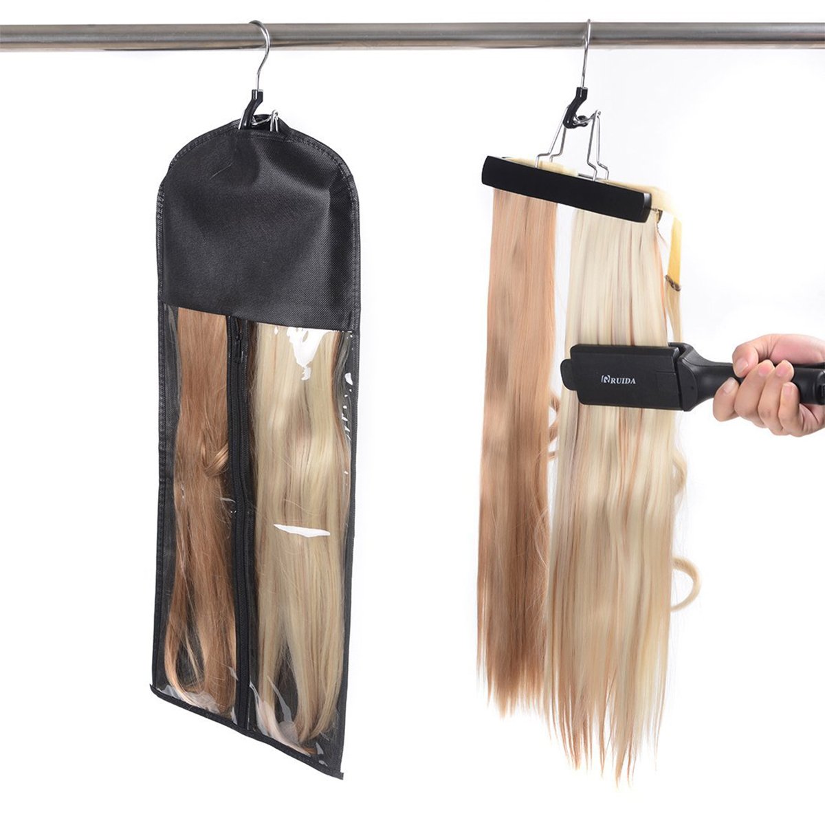 Modpion Hair Extension Hanger Double Side Anti-slip Hair Extension Holder with Portable Protection Suit Bag (Black)…
