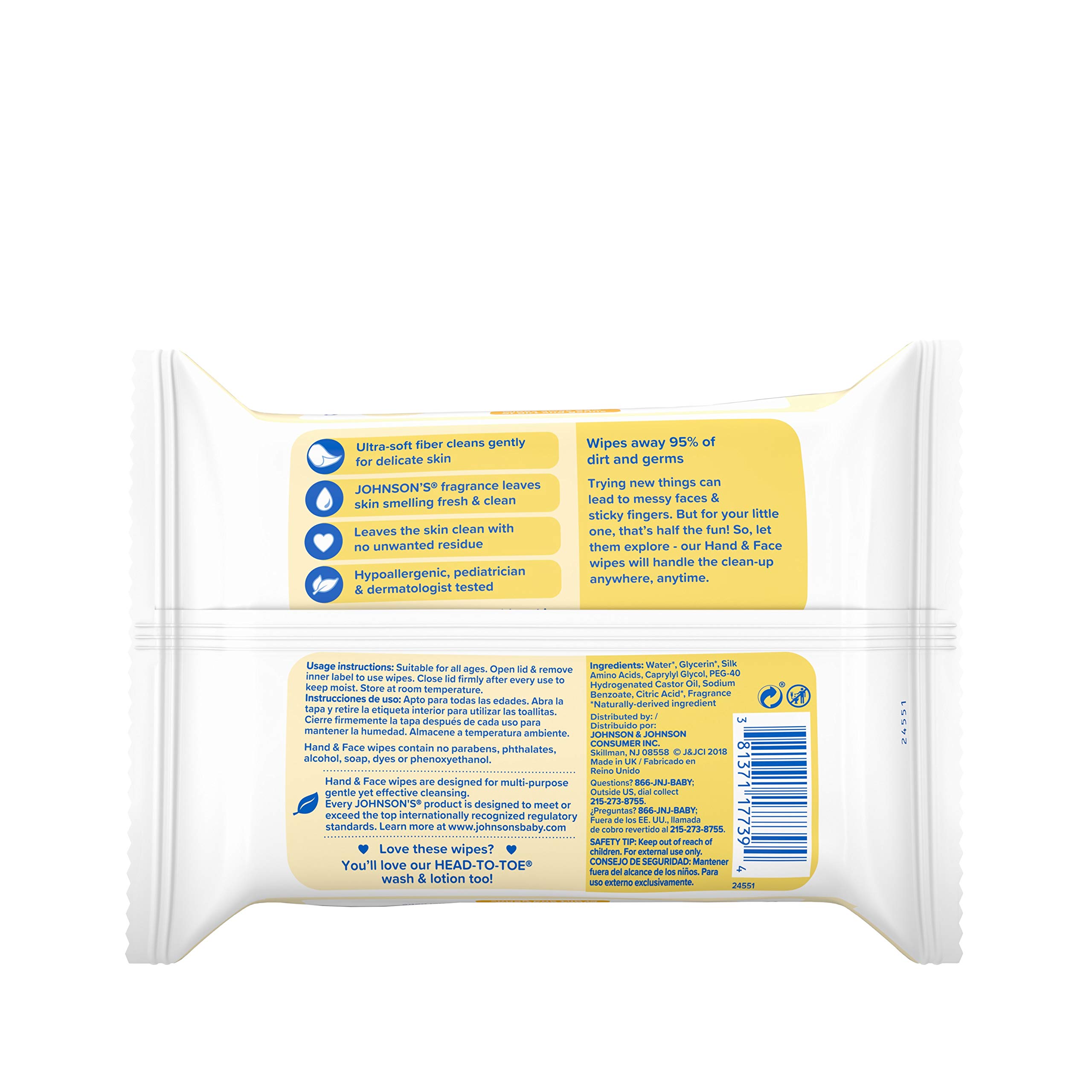 Johnson's Baby Hand and Face Wipes, 25count,(Pack of 2)