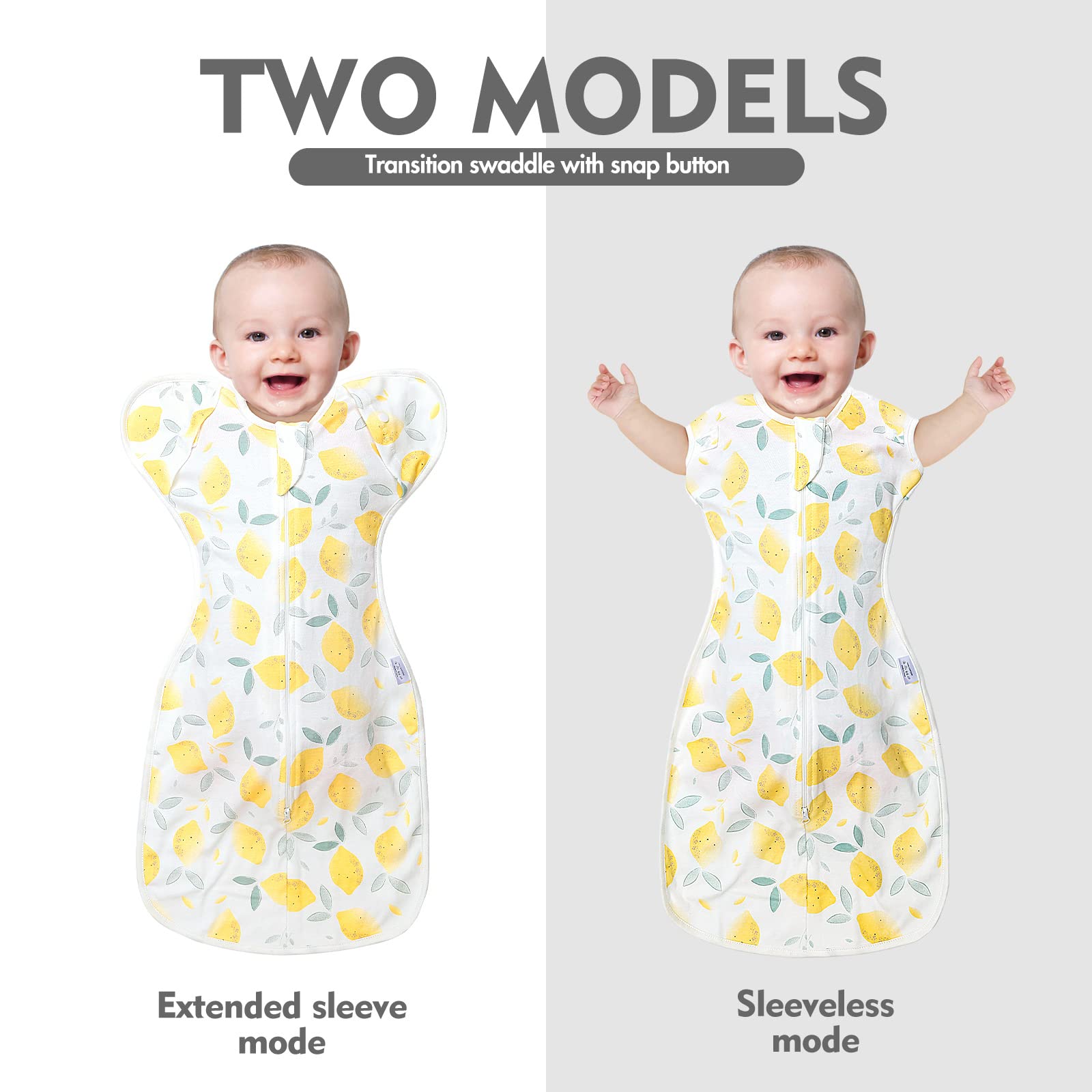 ANYEDDE Baby Swaddle Transition Bag, Baby Transition Swaddle Sleep Sack, Cuff Removable Arms Up Design, Transitions to Arms-Free Wearable Blankets with 2-Way Zipper, Smile & Lemon (3-6 Month)