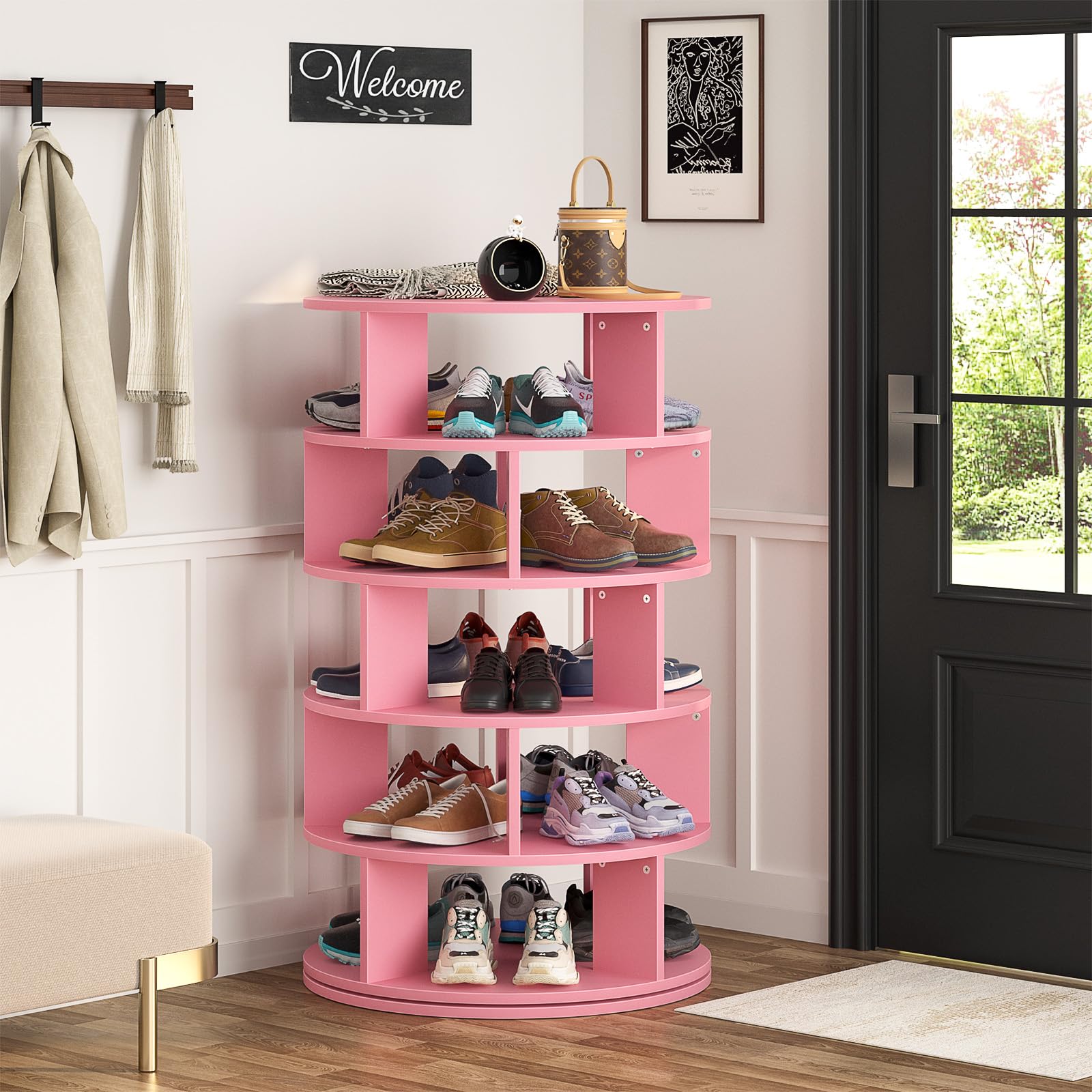 Aheaplus Rotating Shoe Rack, 5-Tier Wood Shoe Organizer for Closet, 360° Spinning Shoe Rack Tower Space-Saving Shoe Storage Shelf for Entryway, Garage, Bedroom, Black
