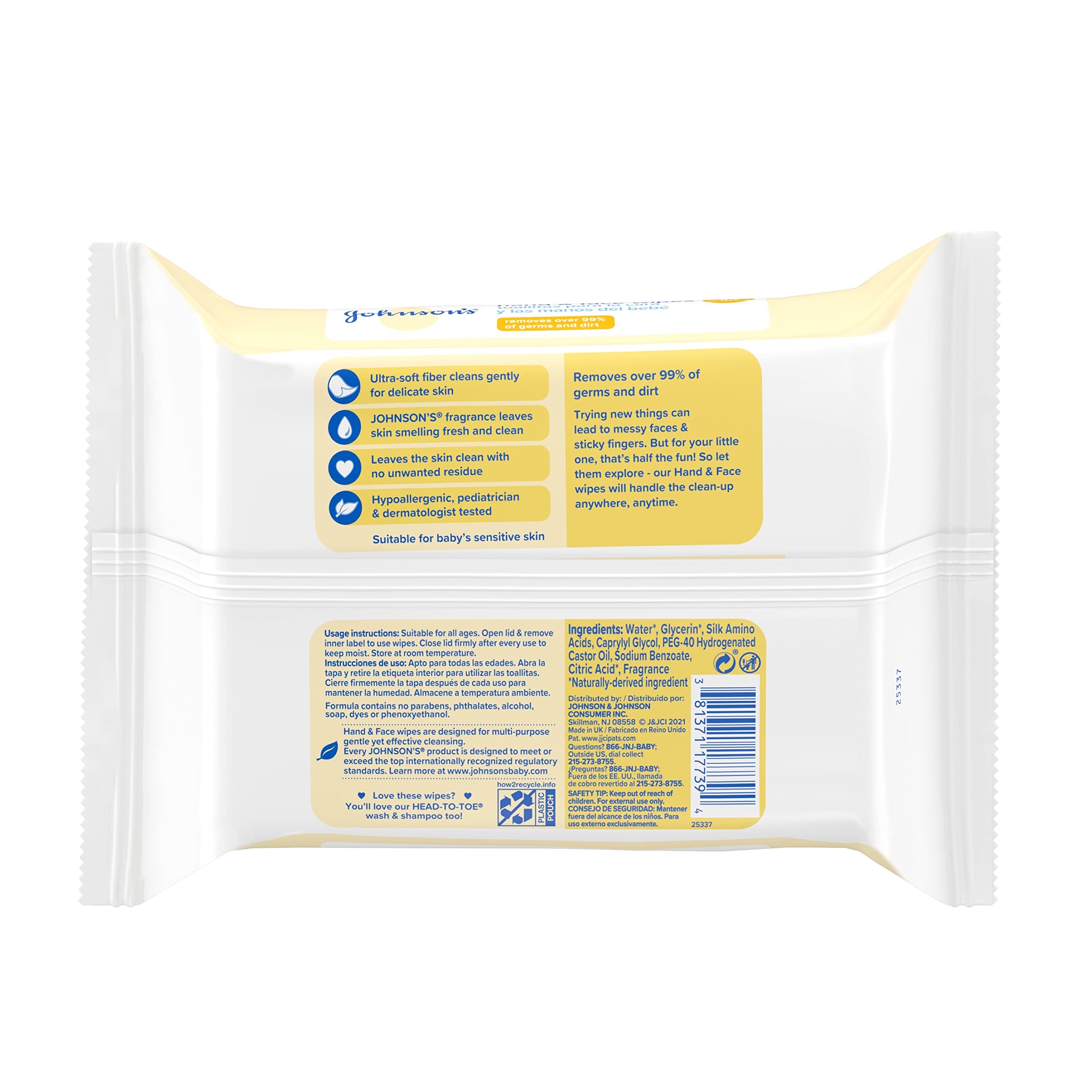 Johnson's Hand & Face Baby Sanitizing Cleansing Wipes for Travel and On-the-Go, No More Tears Formula, Paraben and Alcohol Free, 25 ct (Pack of 4)