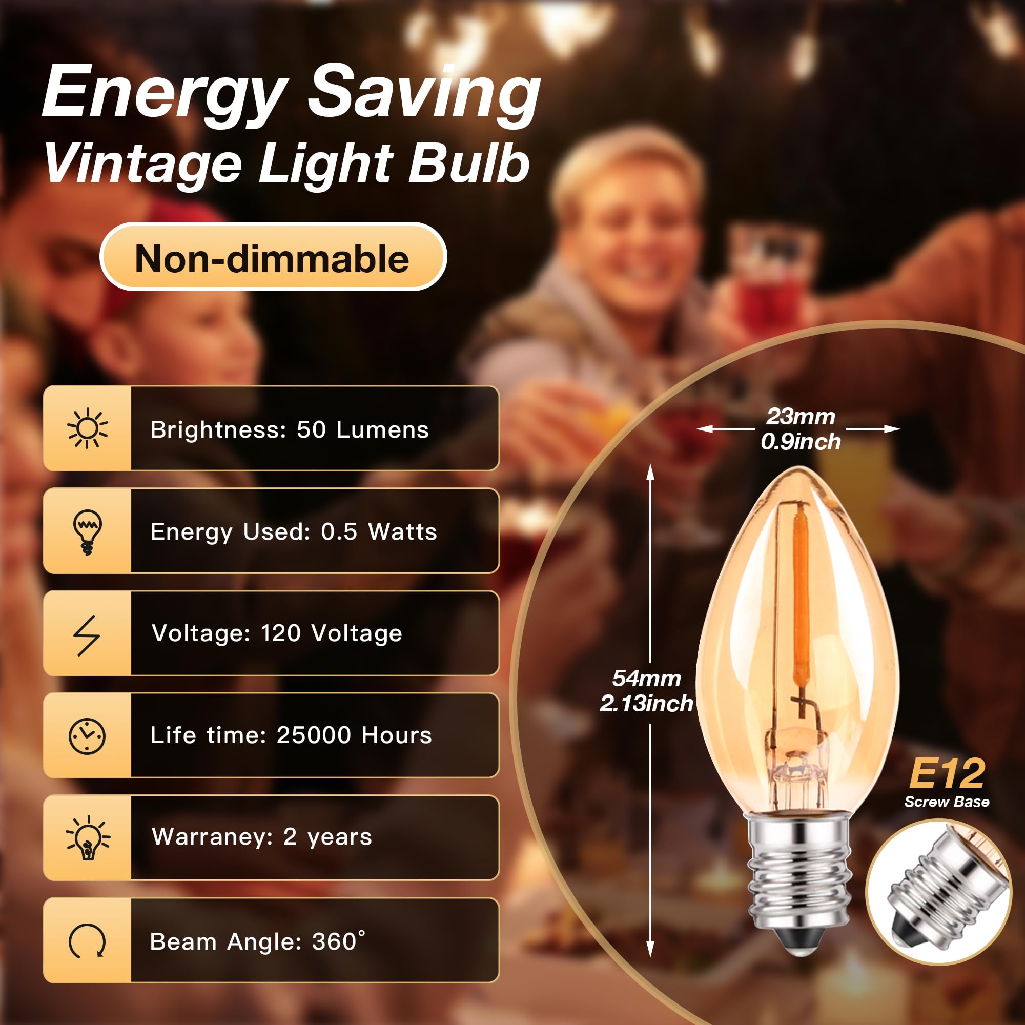 C7 LED Night Light Bulbs 0.5W, E12 Candelabra Base Candle Light Bulb Warm 2200K Equivalent 5W/7W Incandescent Bulb, Mini Light Bulbs for Chandelier Nightlight Salt Lamp Window Bulbs (2 Pack Gold)