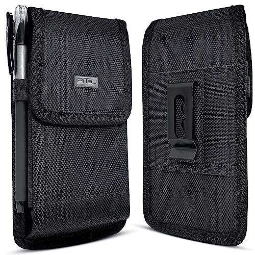 PiTau Cell Phone Belt Holder for iPhone 14, 14 Pro, 13, 13 Pro, 12, 12 Pro, 11, XR Black Nylon Holster Case with Belt Clip Carrying Pouch Cover (Fits iPhone 14 13 12 11 with Protective Cases) Small