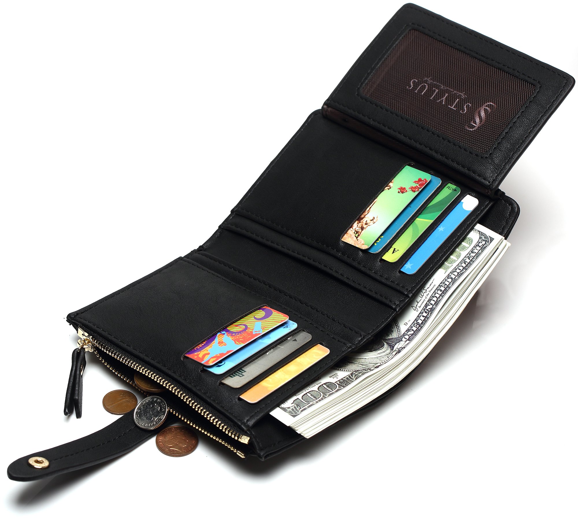 Fanaztee Womens RFID Blocking Black Leather Organized Wallets Purse Compact Bifold Clutch for Girls