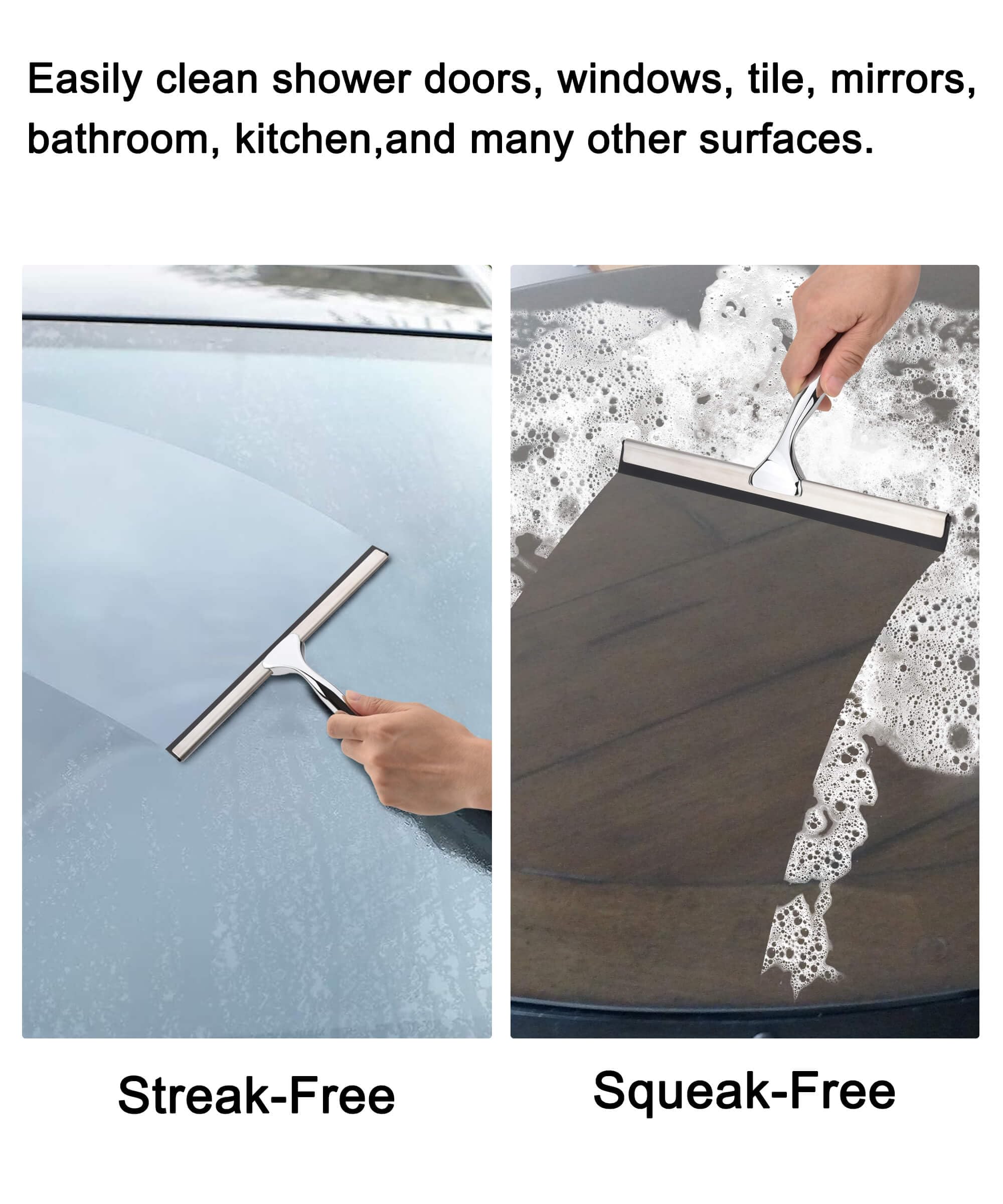 Adjaso All Purpose Stainless Steel Squeegee for Glass Shower Doors, Car Window, Home Mirrors, Bathroom Cleaner Wiper