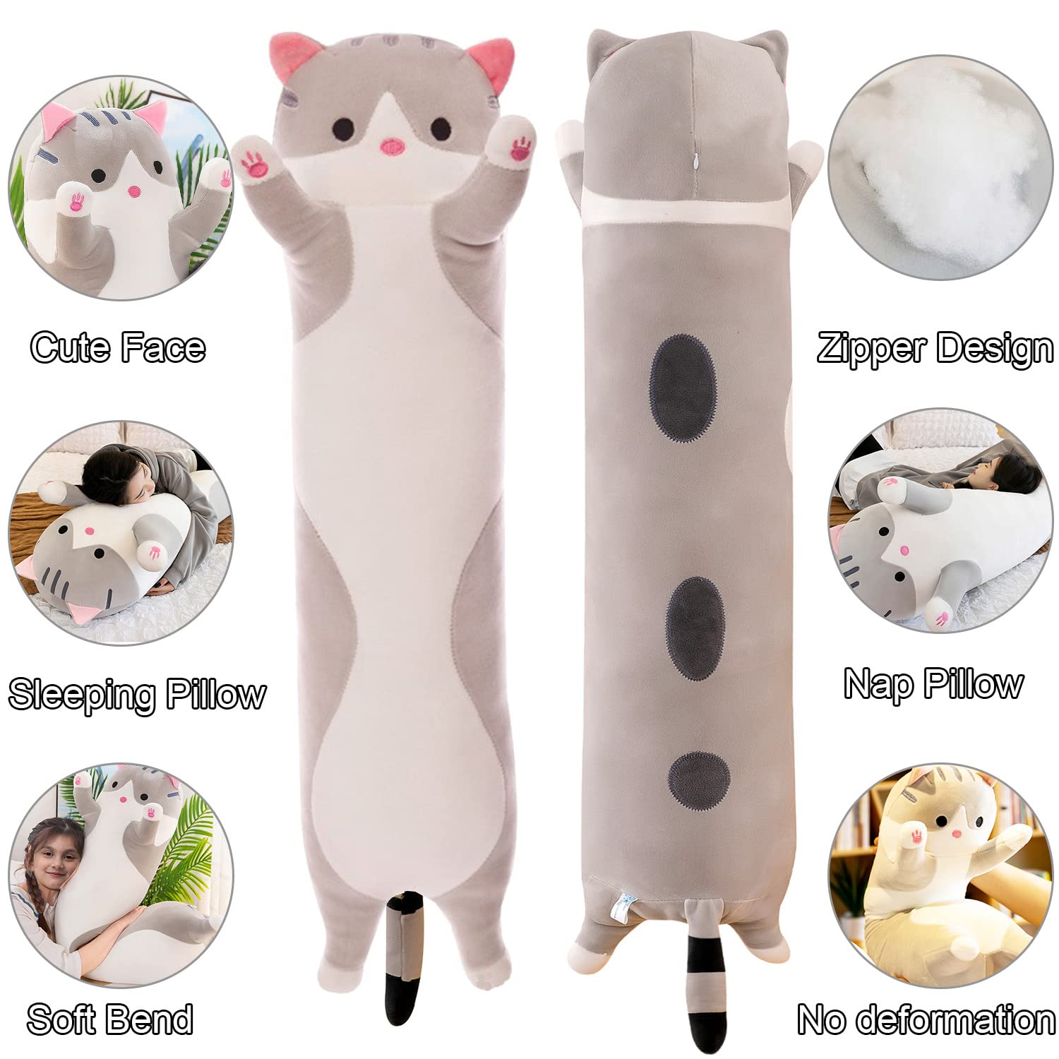 Giant Cat Pillow Plush Cartoon Kitty Sleeping Hugging Pillow, Cuddly Soft Long Kitten Body Pillow Doll Cat Cushion Toy for Kids Girlfriend (Gray, 70cm/27.55inch)