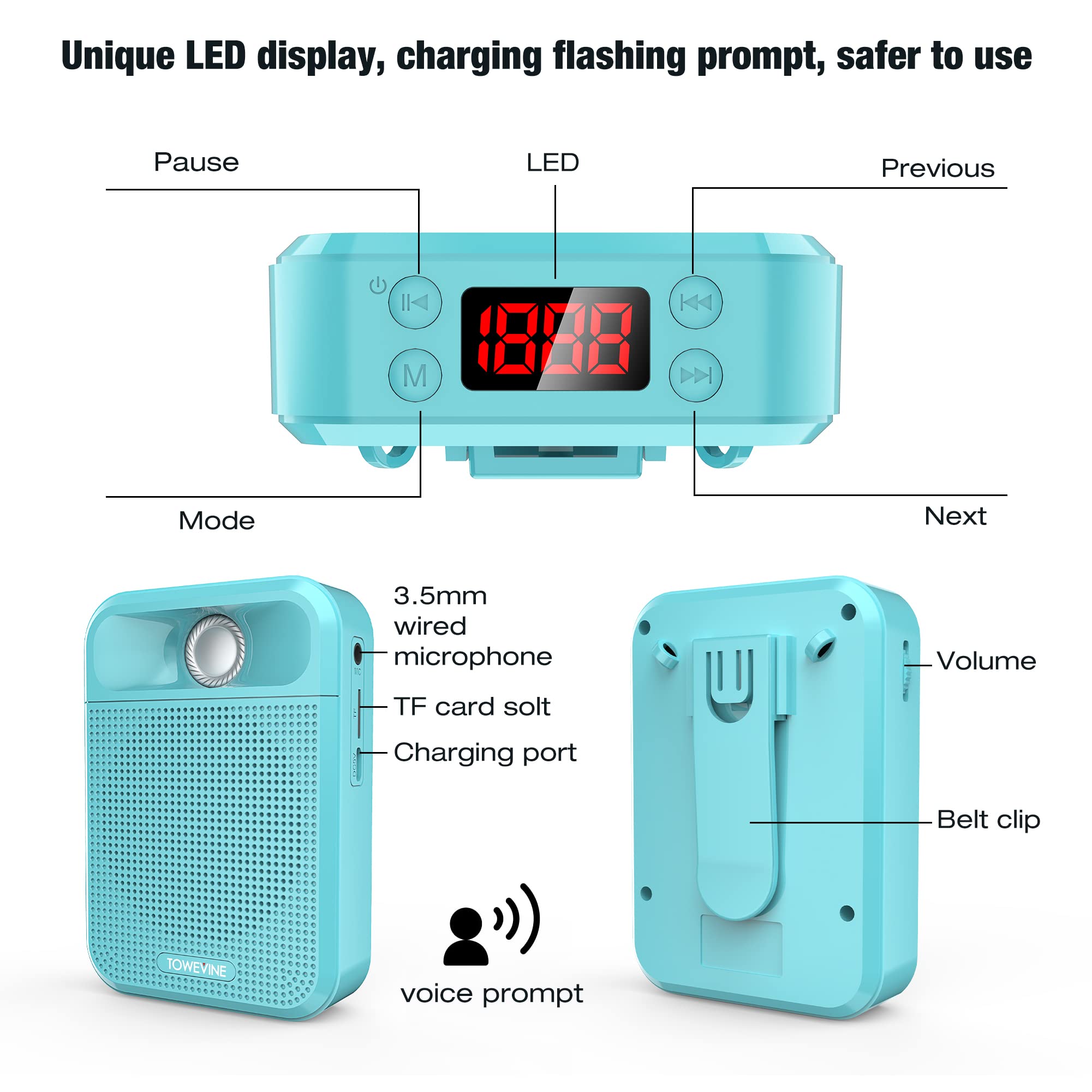 Voice Amplifier, Towevine Portable Rechargeable Microphone Speaker with Headset and Waistband for Teachers, Classroom, Singing, Coach, Training, Presentation, Tour Guide - Blue